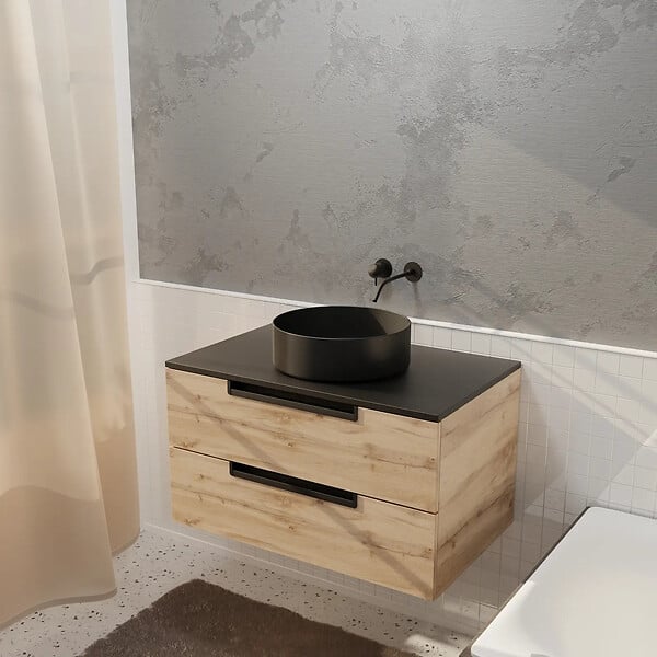 Meuble salle de bains 80 cm a Suspendre Decor Bois et Plan Noir - 2 ...